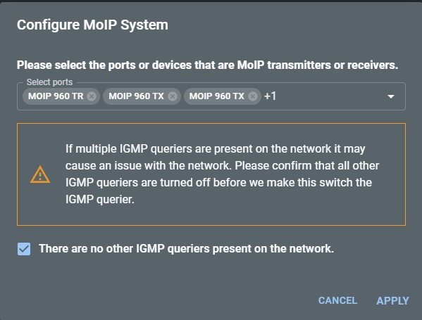 MoIP configuration for AN-920 Core MoIP (IGMP) switches